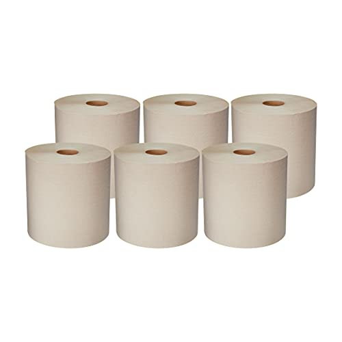 AmazonCommercial 1-Ply Kraft 7.9' Hard Roll Paper Towels, Bulk for Business, Made from 100% Recyclable Material, Compatible with Universal Dispensers, 4800 Count (6 Rolls of 800 Feet), Brown