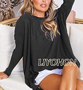 LIYOHON Oversized T Shirts for Women Tunic Tops to Wear with Leggings Long Sleeve Fall Sweaters Dressy Tops Black-L