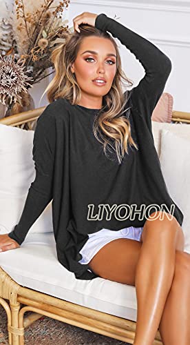 LIYOHON Oversized T Shirts for Women Tunic Tops to Wear with Leggings Long Sleeve Fall Sweaters Dressy Tops Black-L