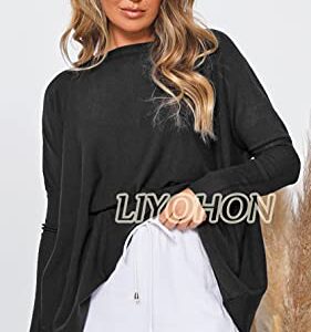 LIYOHON Oversized T Shirts for Women Tunic Tops to Wear with Leggings Long Sleeve Fall Sweaters Dressy Tops Black-L