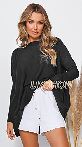 LIYOHON Oversized T Shirts for Women Tunic Tops to Wear with Leggings Long Sleeve Fall Sweaters Dressy Tops Black-L