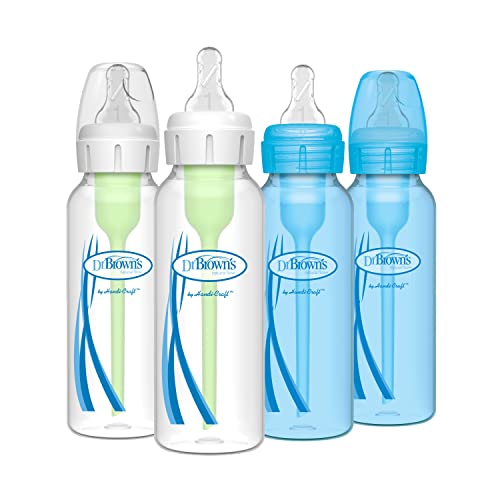 Dr. Brown’s Natural Flow® Anti-Colic Options+™ Narrow Baby Bottles, 8 oz/250ml, with Level 1 Slow Flow Nipple, 4 Pack, Blue/Clear