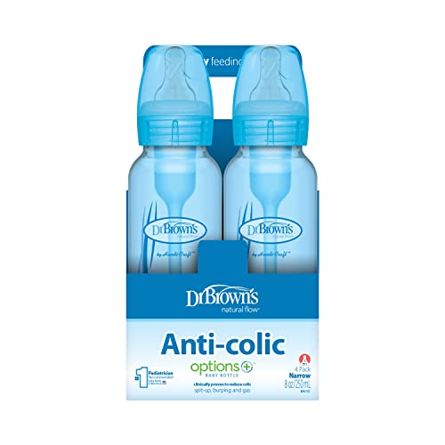 Dr. Brown’s Natural Flow® Anti-Colic Options+™ Narrow Baby Bottles, 8 oz/250ml, with Level 1 Slow Flow Nipple, 4 Pack, Blue/Clear