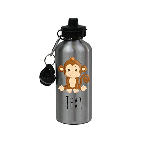 Personalized Custom Baby Monkey - Safari/Zoo Aluminum 20 Ounce Kids Summer Sport Water Bottle, 2 Lids - Customizable (Silver, Aluminum)