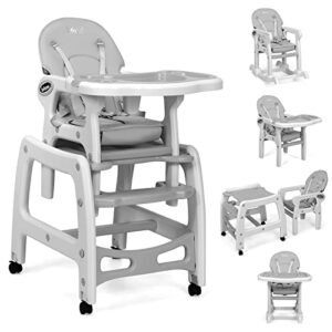 infans 5 in 1 baby high chair, convertible toddler table chair set, rocking chair, multi-function seat with lockable universal wheels, adjustable seat back, removable trays (grey)