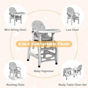 INFANS 5 in 1 Baby High Chair, Convertible Toddler Table Chair Set, Rocking Chair, Multi-Function Seat with Lockable Universal Wheels, Adjustable Seat Back, Removable Trays (Grey)