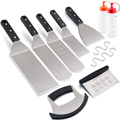 Leonyo 9 PCS Griddle Grill Accessories, Stainless Steel BBQ Metal Spatulas Set, Grilling Tools Kit for Barbecue Flat Top Cast Iron Hamburger Cooking Camping Indoor & Outdoor