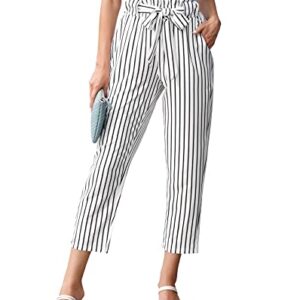 GRACE KARIN Women's Frilled Waist Striped Print Work Pants for Office Business with Belt