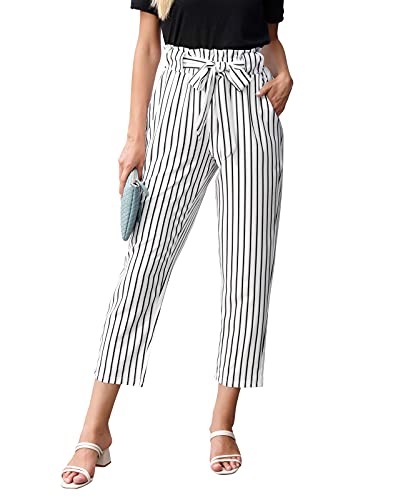 GRACE KARIN Women's Frilled Waist Striped Print Work Pants for Office Business with Belt