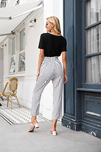 GRACE KARIN Women's Frilled Waist Striped Print Work Pants for Office Business with Belt