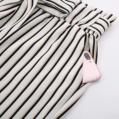 GRACE KARIN Women's Frilled Waist Striped Print Work Pants for Office Business with Belt