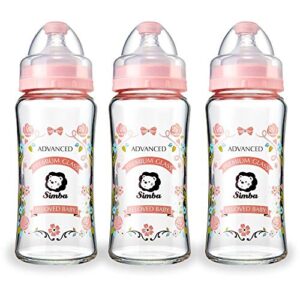 simba crystal romance wide neck borosilicate glass feeding bottle - 9 oz (pink, packs of 3)