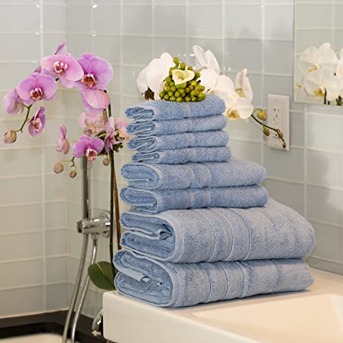 Mosobam 700 GSM Luxury Bamboo Viscose 8pc Large Oversized Bathroom Set, Allure Blue, 2 Bath Towels 30X58 2 Hand Towels 16X30 4 Face Washcloths (Wash Cloth) 13X13, Turkish Towel Sets, Quick Dry