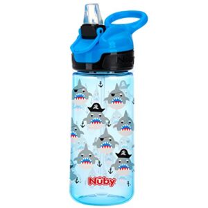 nuby push button flip-it soft spout tritan water bottle, blue sharks, 18 oz