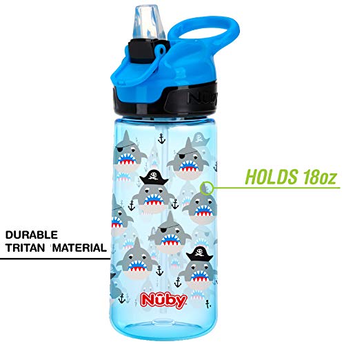 Nuby Push Button Flip-it Soft Spout Tritan Water Bottle, Blue Sharks, 18 Oz