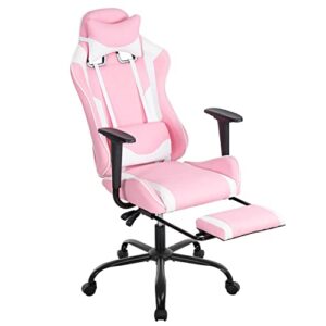 pc gaming chair desk chair ergonomic office chair executive high back pu leather racing computer chair with lumbar support footrest modern task rolling swivel chair for women men girls adults, pink