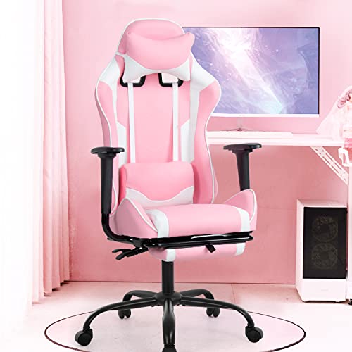 PC Gaming Chair Desk Chair Ergonomic Office Chair Executive High Back PU Leather Racing Computer Chair with Lumbar Support Footrest Modern Task Rolling Swivel Chair for Women Men Girls Adults, Pink