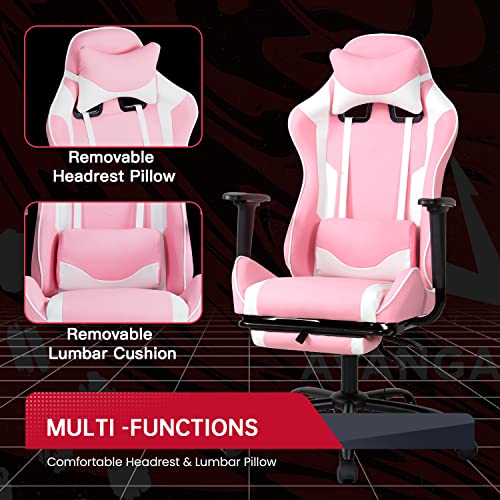 PC Gaming Chair Desk Chair Ergonomic Office Chair Executive High Back PU Leather Racing Computer Chair with Lumbar Support Footrest Modern Task Rolling Swivel Chair for Women Men Girls Adults, Pink