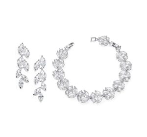 udylgoon udora cubic zirconia leafs earrings bracelet jewelry set for bridal bridesmaid wedding prom (white gold)