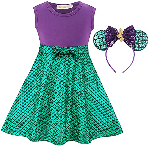 Funna Mermaid Costume for Girls Mommy and Me Princess Dress with Ears Headband, 7-8 Years Purple