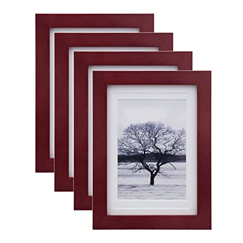 Egofine 5x7 Picture Frames 4 Pack Covered by Plexiglass for Picture 4x6 with Mat or 5x7 whitout Mat Made of Solid Wood for Table Top Display and Wall Mounting Photo Frame, Cherry Red