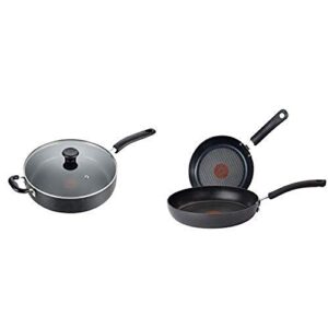 t-fal b36290 specialty nonstick 5 qt. jumbo cooker sauté pan with glass lid, black and ultimate hard anodized 2-piece scratch resistant titanium nonstick thermo-spot pfoa free cookware set, gray