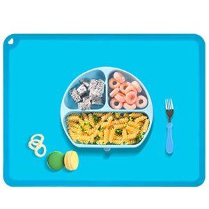 silicone non-slip kids placemat, reusable placemat for kids baby toddlers, bpa free children’s dining food mat - blue