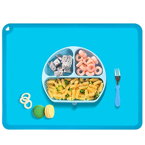 Silicone Non-Slip Kids Placemat, Reusable Placemat for Kids Baby Toddlers, BPA Free Children’s Dining Food Mat - Blue