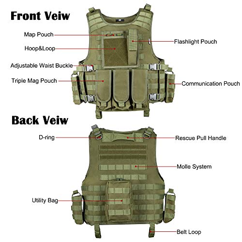 MGFLASHFORCE Tactical Airsoft Vest Adjustable Modular Paintball Vest (Green)