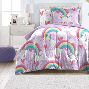 dream factory kids 5-piece complete set easy-wash super soft microfiber comforter bedding, twin, purple unicorn rainbow