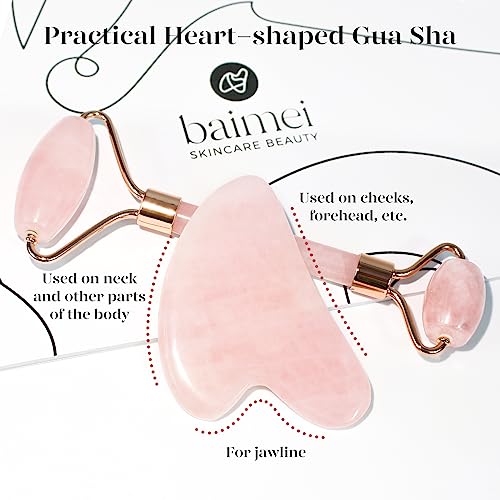 BAIMEI Jade Roller & Gua Sha, Face Roller, Facial Beauty Roller Skin Care Tools, Massager for Face, Eyes, Neck, Body Muscle Relaxing and Relieve Fine Lines and Wrinkles - Rose Quartz