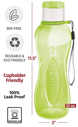 MILTON 32 oz. Large Water Bottle 4 Set Sports Water Bottles for Kids Adults Reusable Water Bottle Plastic Wide-Mouth BPA Free Leak-Free Lightweight Drink Bottle with Carry Strap Hiking Gym Bike Travel