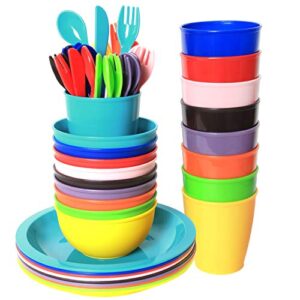 youngever 54 pcs plastic kids dinnerware set of 9 in 9 assorted colors, toddler dining set, cups, kids plates, kids bowls, flatware set, kids dishes set