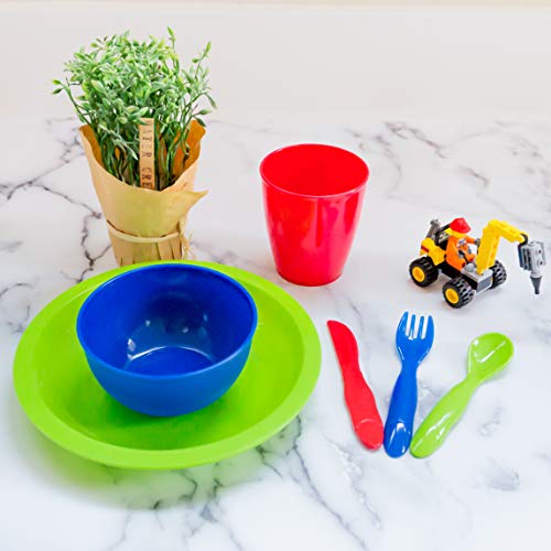 Youngever 54 pcs Plastic Kids Dinnerware Set of 9 in 9 Assorted Colors, Toddler Dining Set, Cups, Kids Plates, Kids Bowls, Flatware Set, Kids Dishes Set