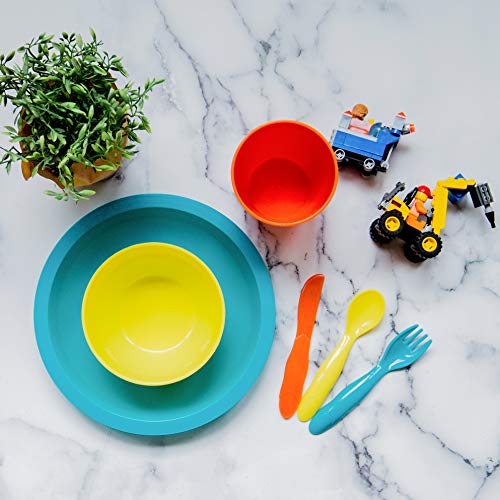 Youngever 54 pcs Plastic Kids Dinnerware Set of 9 in 9 Assorted Colors, Toddler Dining Set, Cups, Kids Plates, Kids Bowls, Flatware Set, Kids Dishes Set