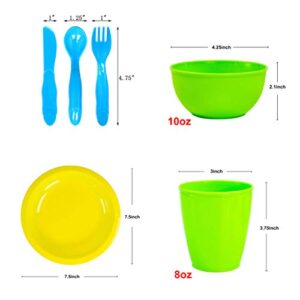 Youngever 54 pcs Plastic Kids Dinnerware Set of 9 in 9 Assorted Colors, Toddler Dining Set, Cups, Kids Plates, Kids Bowls, Flatware Set, Kids Dishes Set