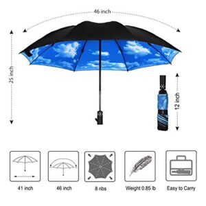 LANBRELLA Umbrella Reverse Travel Umbrellas Windproof Compact Folding - Blue Sky Clouds