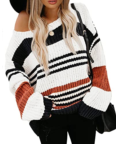 KIRUNDO 2023 Fall Winter Women's Striped Color Block Short Sweater Long Sleeve Crew Neck Casual Loose Knit Pullover Tops(Medium, 1977-Orange)