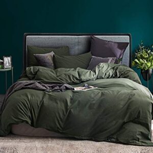 ecocott 3 pieces duvet cover set king 100% washed cotton 1 duvet cover with zipper and 2 pillowcases, ultra soft and easy care breathable cozy simple style bedding set (avocado green)