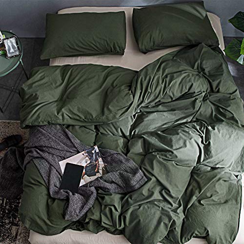 ECOCOTT 3 Pieces Duvet Cover Set King 100% Washed Cotton 1 Duvet Cover with Zipper and 2 Pillowcases, Ultra Soft and Easy Care Breathable Cozy Simple Style Bedding Set (Avocado Green)