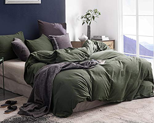 ECOCOTT 3 Pieces Duvet Cover Set Queen 100% Washed Cotton 1 Duvet Cover with Zipper and 2 Pillowcases, Ultra Soft and Easy Care Breathable Cozy Simple Style Bedding Set (Avocado Green)