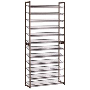 songmics shoe rack, 12-tier tall metal shoe storage organizer for closet, entryway, garage, set of 2 6-tier big stackable shoes rack shelf, adjustable feet, slanted shelves, holds 48-60 pairs, bronze