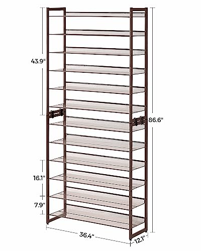 SONGMICS Shoe Rack, 12-Tier Tall Metal Shoe Storage Organizer for Closet, Entryway, Garage, Set of 2 6-Tier Big Stackable Shoes Rack Shelf, Adjustable Feet, Slanted Shelves, Holds 48-60 Pairs, Bronze