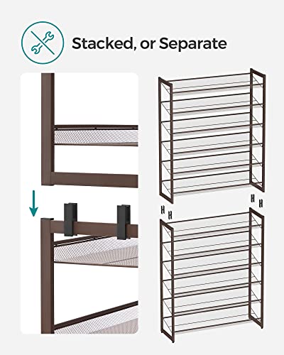 SONGMICS Shoe Rack, 12-Tier Tall Metal Shoe Storage Organizer for Closet, Entryway, Garage, Set of 2 6-Tier Big Stackable Shoes Rack Shelf, Adjustable Feet, Slanted Shelves, Holds 48-60 Pairs, Bronze