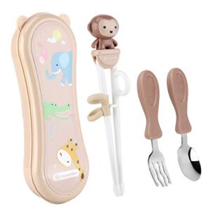 goryeo baby toddler utensils stainless steel kids silverware set with kids training chopsticks and baby spoon and fork for self feeding learning with case (3pcs)(brown)