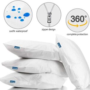 Waterproof Pillow Protector Standard Size Zippered 4 Pack 20 x 26 inch White Pillow Protector Feather Proof Pillow Covers Encasement Pillow Case White