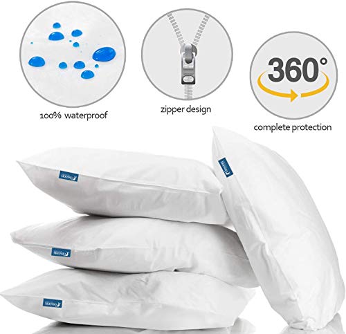 Waterproof Pillow Protector Standard Size Zippered 4 Pack 20 x 26 inch White Pillow Protector Feather Proof Pillow Covers Encasement Pillow Case White