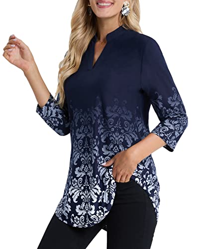 BAISHENGGT Womens Tunic Shirts 3/4 Sleeve Tops Blouses XX-Large Blue Floral