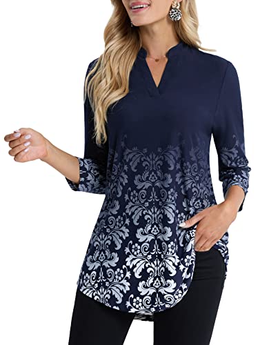 BAISHENGGT Womens Tunic Shirts 3/4 Sleeve Tops Blouses XX-Large Blue Floral