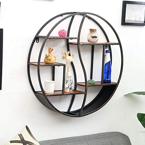 JYXCOSHELF Home Shelves, Wall-Mounted Shelving Units Industrial Wind Home Bar Cafe Decorative Shelf Multi-Layer Solid Wood Flower Stand Round Wrought Iron Clapboard Rack,Storage Racks